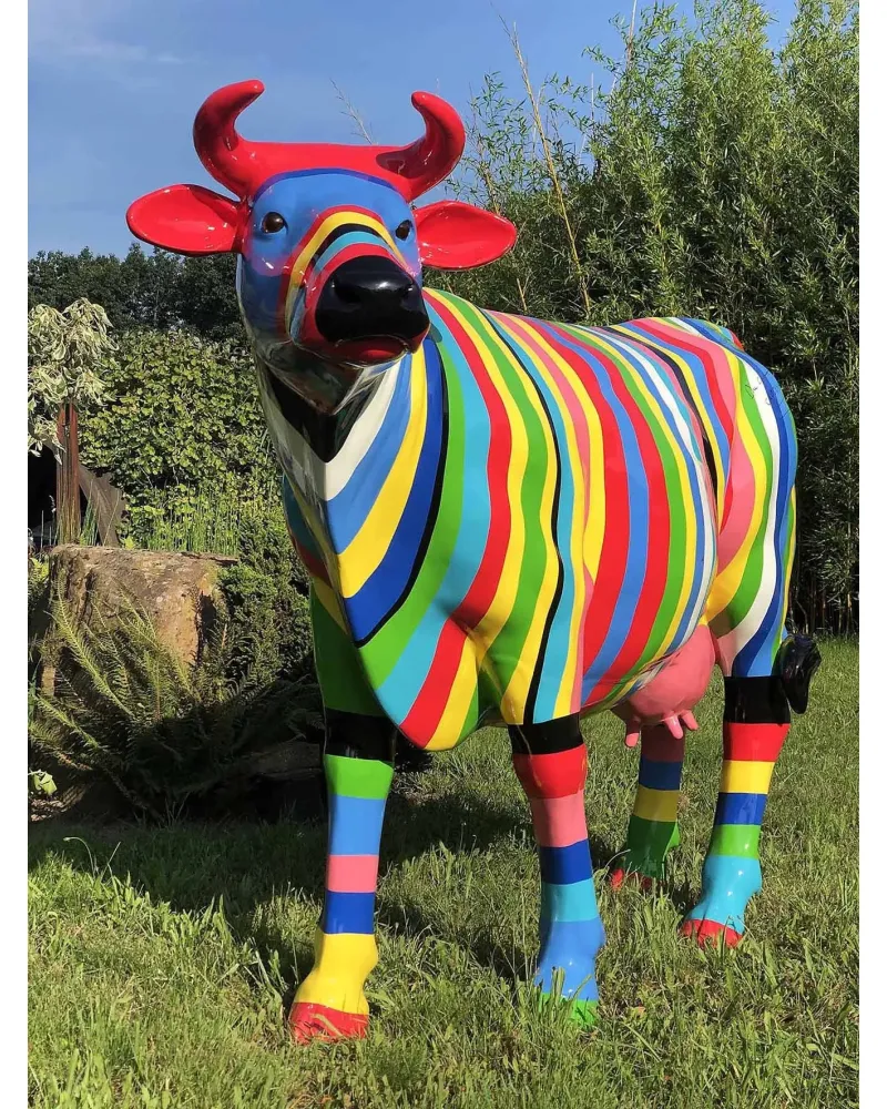 MULTICOLORED STRIPED cow in polyester resin resistant to frost and rain